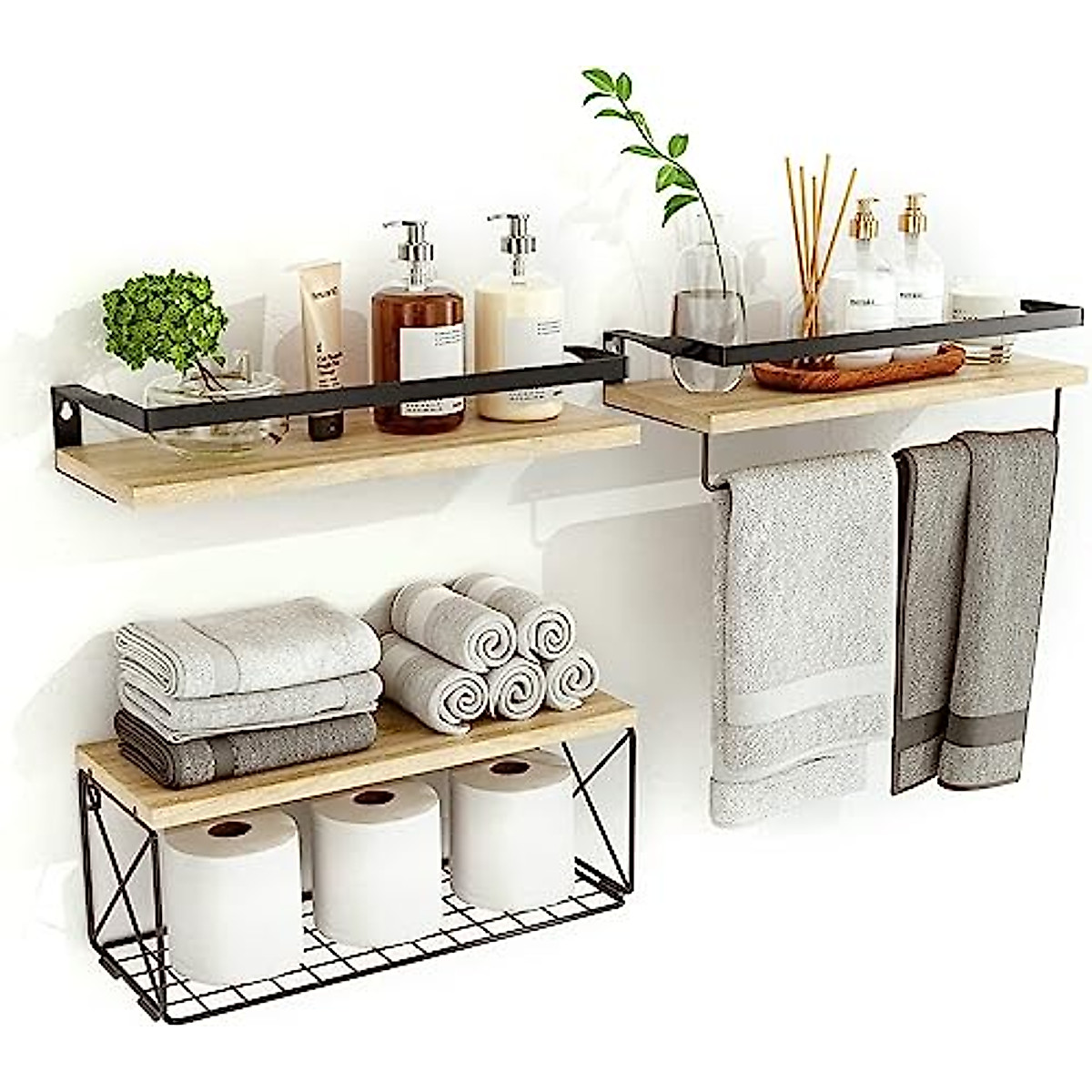 Hoiicco Bathroom Shelves with Wire Storage Basket, Floating Shelves Over Toilet with Protective Metal Guardrail, Wall Shelves for Bedroom, Living Room, Kitchen and Bathroom Toilet Paper