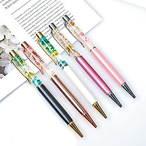 Ubabe Ballpoint Pens, 5pcs Blue Ink Metal Pens Purple/Grey/Rose Gold/White/Pink Cute Pens Liquid Dried Flower Pen for School Supplies Desk Accessories (Blue Ink)