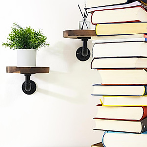 Round Circular Shelves Floating Acacia Wood (Set of 2) Diameter 7.1 inches. Wall Mounted Planter Shelves with Pipe Brackets. Chic Modern Rustic Industrial Pipe Décor for Display, Trophy, Ornaments