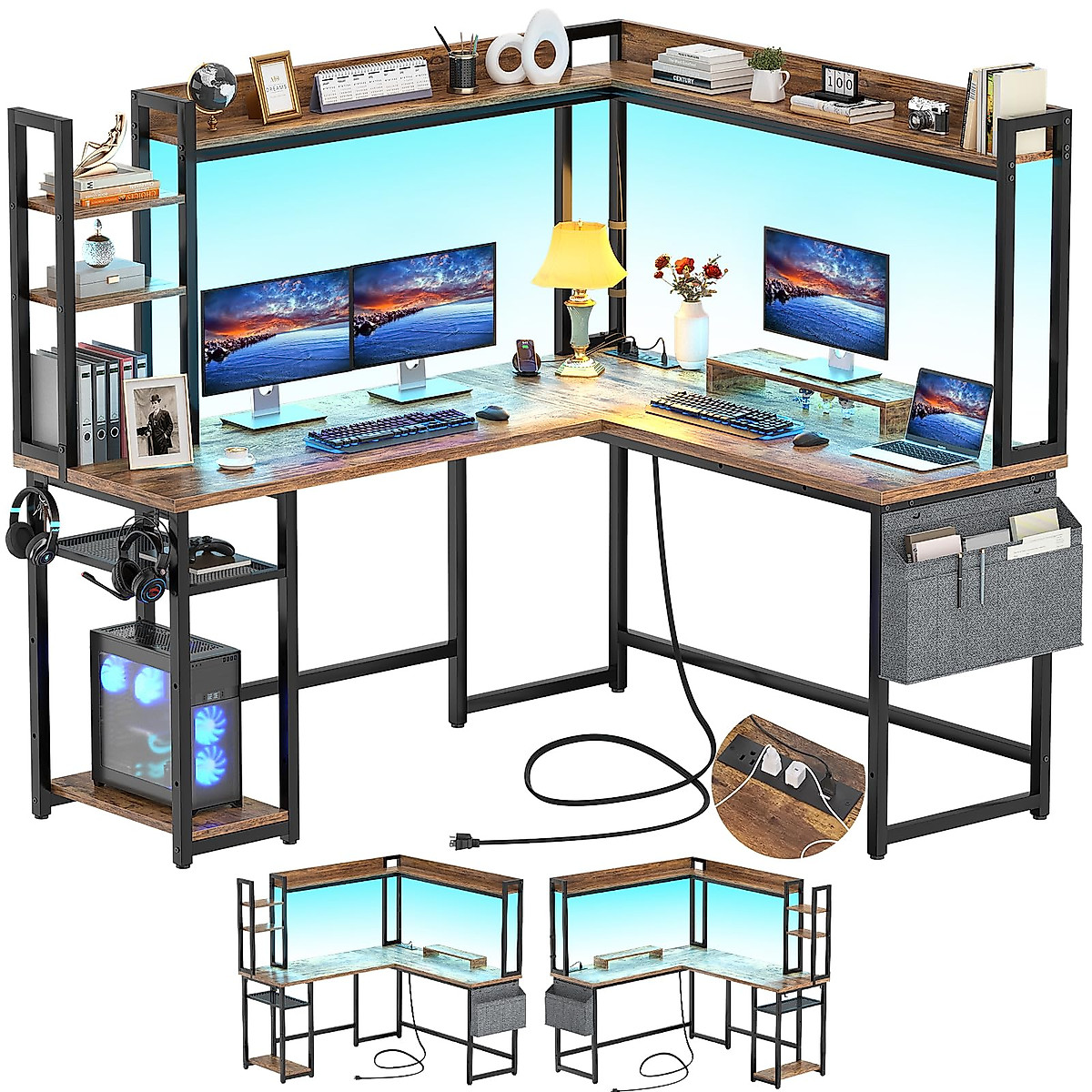 Aheaplus L Shaped Gaming Desk, Reversible L Shaped Desk with Power Outlet and Led Lights, Gaming Desk Corner Computer Desk with Hutch, Monitor Stand and Storage Bag for Home Office, Rustic Brown