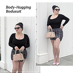 SHAPERX Women's Long Sleeve Scoop Neck Bodysuit Soft Body-Hugging T-Shirt Fits Everybody, SZ5260-Black-XS