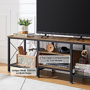 VECELO Industrial TV Stand for 70 Inch Television Cabinet 3-Tier Console with Open Storage Shelves, Entertainment Center Metal Frame for Living Room, Bedroom, 63 Inch, Dark Brown