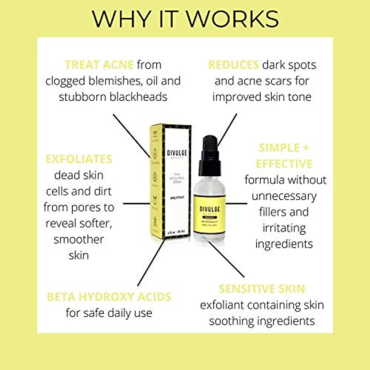 BHA 7% Salicylic Acid Serum Daily Exfoliant Acne Treatment Clearing Gel for Blackheads, Zits, Oily Skin, Dark Spot Treatment, Anti Aging, Face Blemishes, Pimple Treatment 1 oz - Divulge Beauty