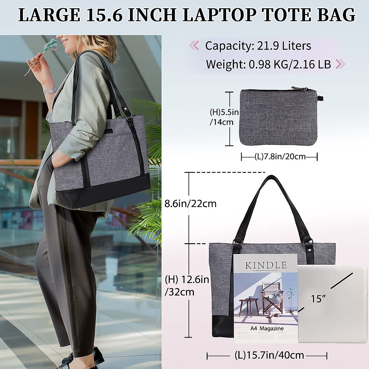 Laptop Tote Bag for Women, 15.6 Inch Computer Shoulder Bag Teacher Work Bag Travel Purse with Small Pouch VONXURY
