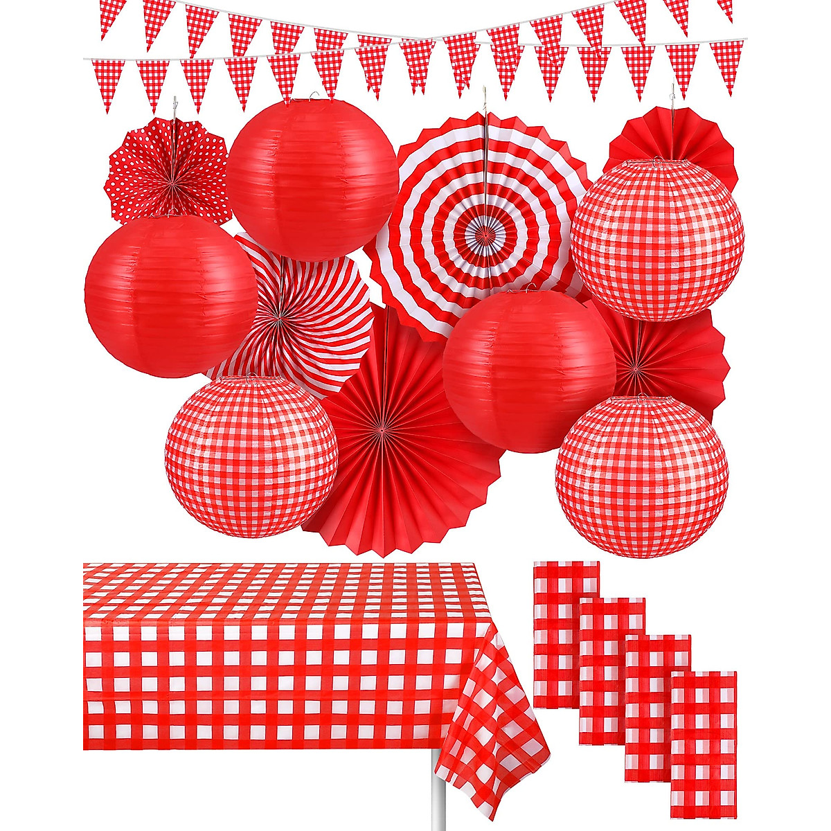 18 Pcs Picnic Party Decorations Set Include Red and White Checkered Gingham Pennant Banner Hanging Paper Fans Round Lanterns Plastic Disposable Tablecloth for Carnival Picnic Birthday Party Supplies