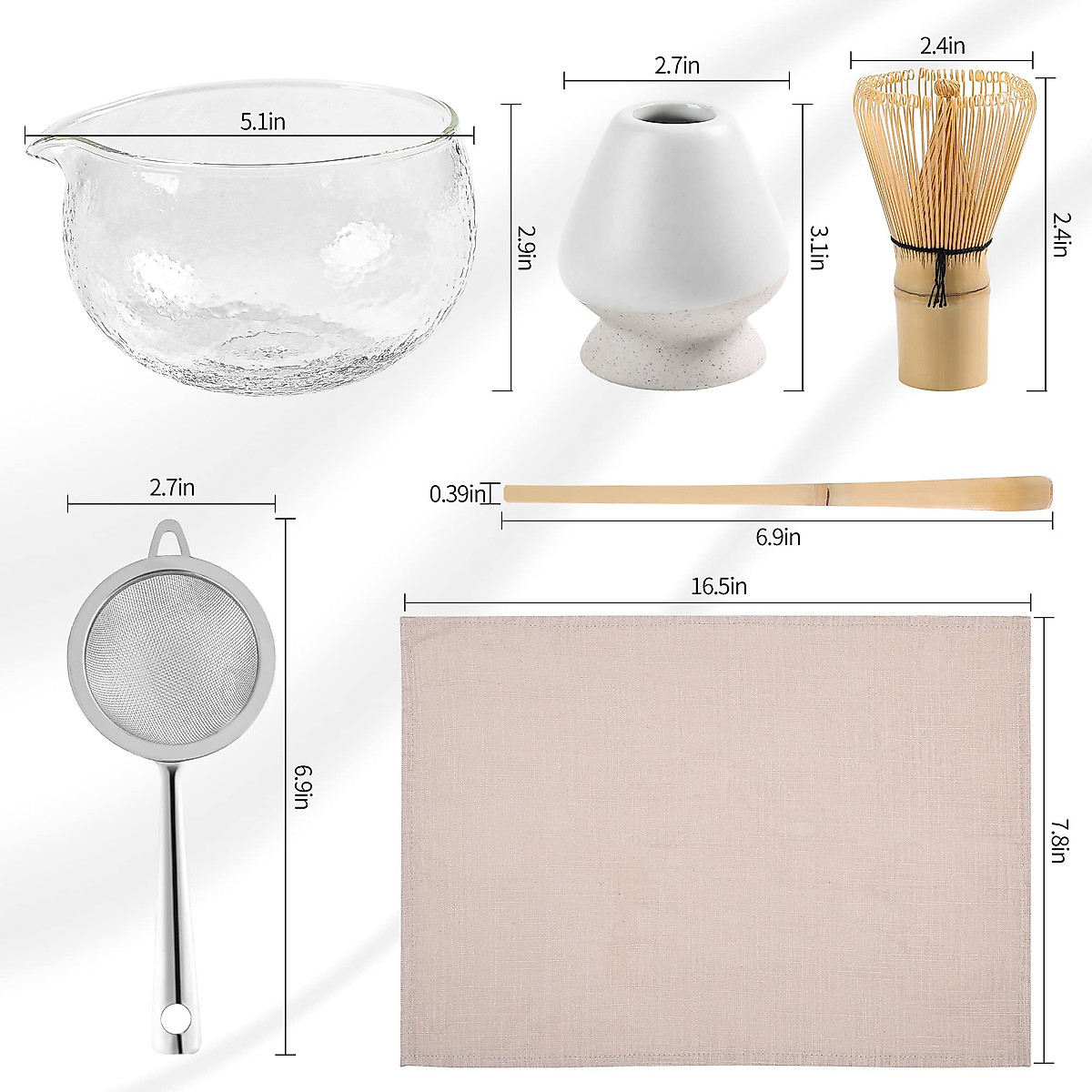 Bamboo Matcha whisk Kit, Matcha Tea Set, Bamboo Matcha Whisk and bowl (Chawan) Scoop (Chashaku), Chasen Holder, Tea Strainer (Sifter), Tea Towel in Wooden Case - Ideal Travel Matcha Ceremony Kit…