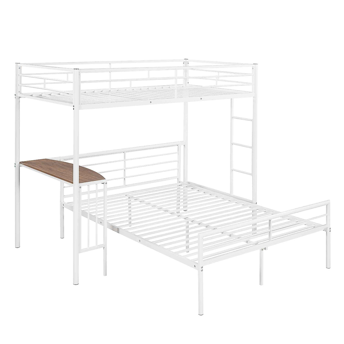 ATY Metal Bunk Beds Twin Over Full Size, L Shaped Steel Bedframe w/Desk & Built-in Ladder and Full-Length Guardrail, No Box Spring Needed, White