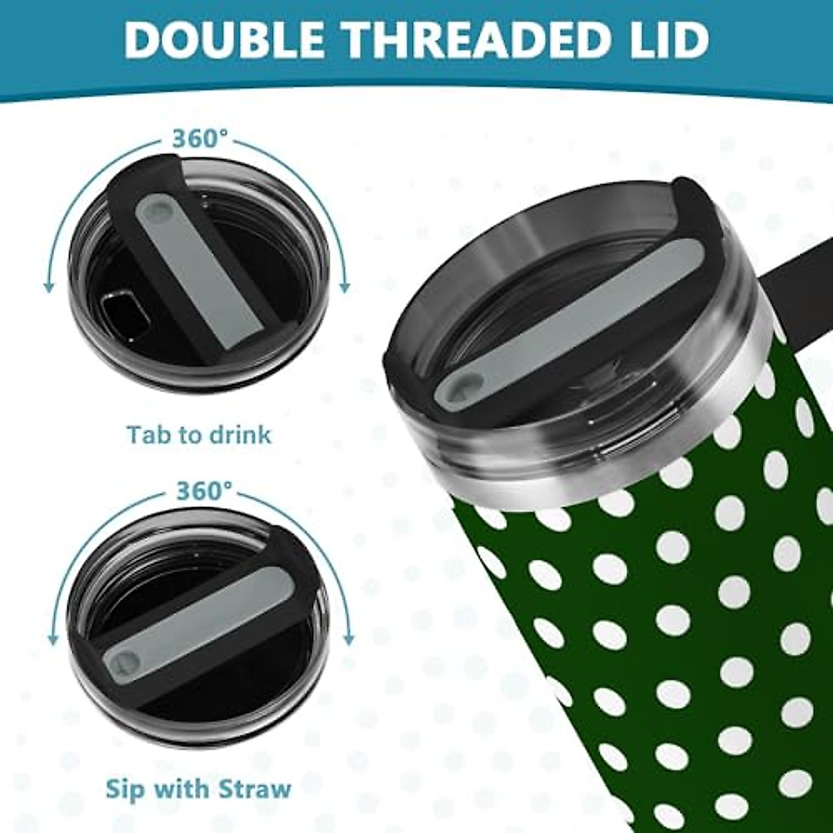 Flradish 40oz Tumbler with Handle, Polka Dots Hunter Green White Stainless Steel Tumbler with Lid and Straws Double Wall Vacuum Insulated Leakproof Coffee Travel Mug