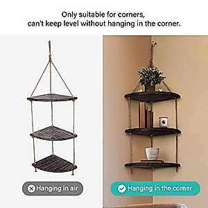 TIMEYARD Hanging Shelf Corner Wall Shelf, 3 Tier Distressed Wood Shelves with Jute Rope, Farmhouse Storage Organizer Rack Rustic Home Decor for Living Room Bedroom Bathroom Kitchen