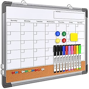 Monthly Calendar Whiteboard Dry Erase Cork Board Combination for Wall, 17"x13" Magnetic Dry Erase Board, Double-Sided White Board, Portable Board for Office, Kitchen, Planning, Memo, School, Home