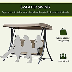 Outsunny 3-Seat Patio Swing Chair, Outdoor Porch Swing Glider with Adjustable Canopy, Side Pouches, Breathable Seat and Back, for Garden, Poolside, Backyard, Brown