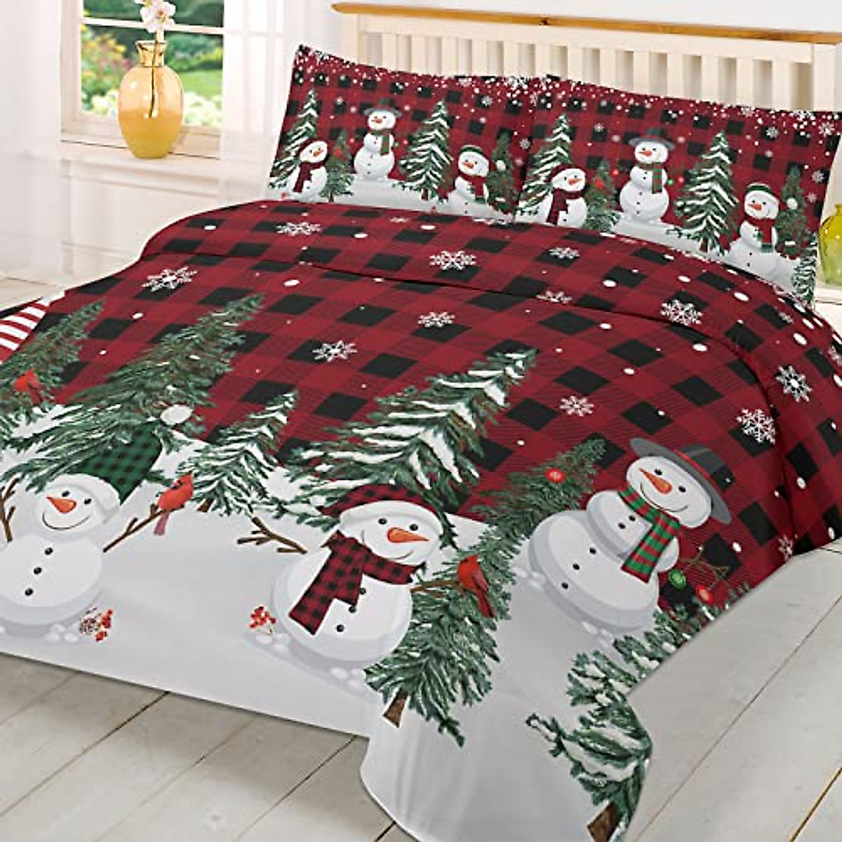 Full Comforter Cover Set - Soft and Breathable Bedding Sets, Red Buffalo Check Snowman and Christmas Pine Tree Winter Holiday 3 Pieces Light Weight Bed Sets with 1 Duvet Cover and 2 Pillowcases