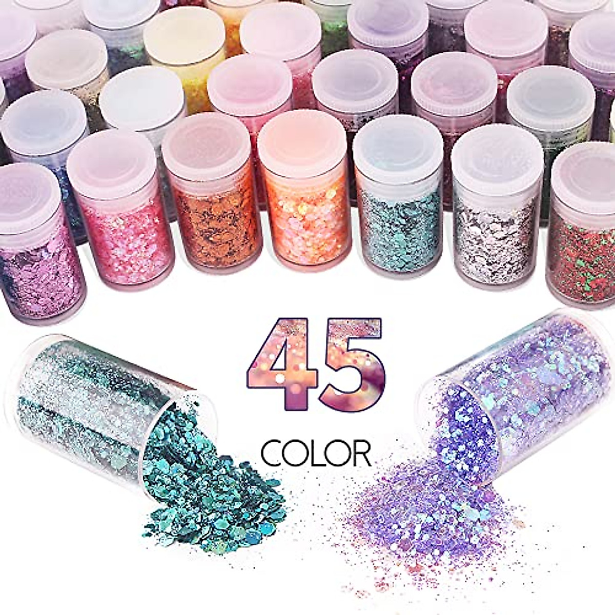 Holographic Chunky and Fine Glitter Mix, 45 Colors Festival Chunky Sequins & Fine Glitter Powder, Iridescent Glitter Flakes, Cosmetic Face Body Eye Hair Nail Art Resin Tumbler Glitter Loose Glitter