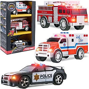 Liberty Imports 3-in-1 True Hero Emergency Rescue Vehicles Kids Toy Cars Playset - Ambulance, Fire Truck and Police Car with 3-Button LED Light and Sound Effects
