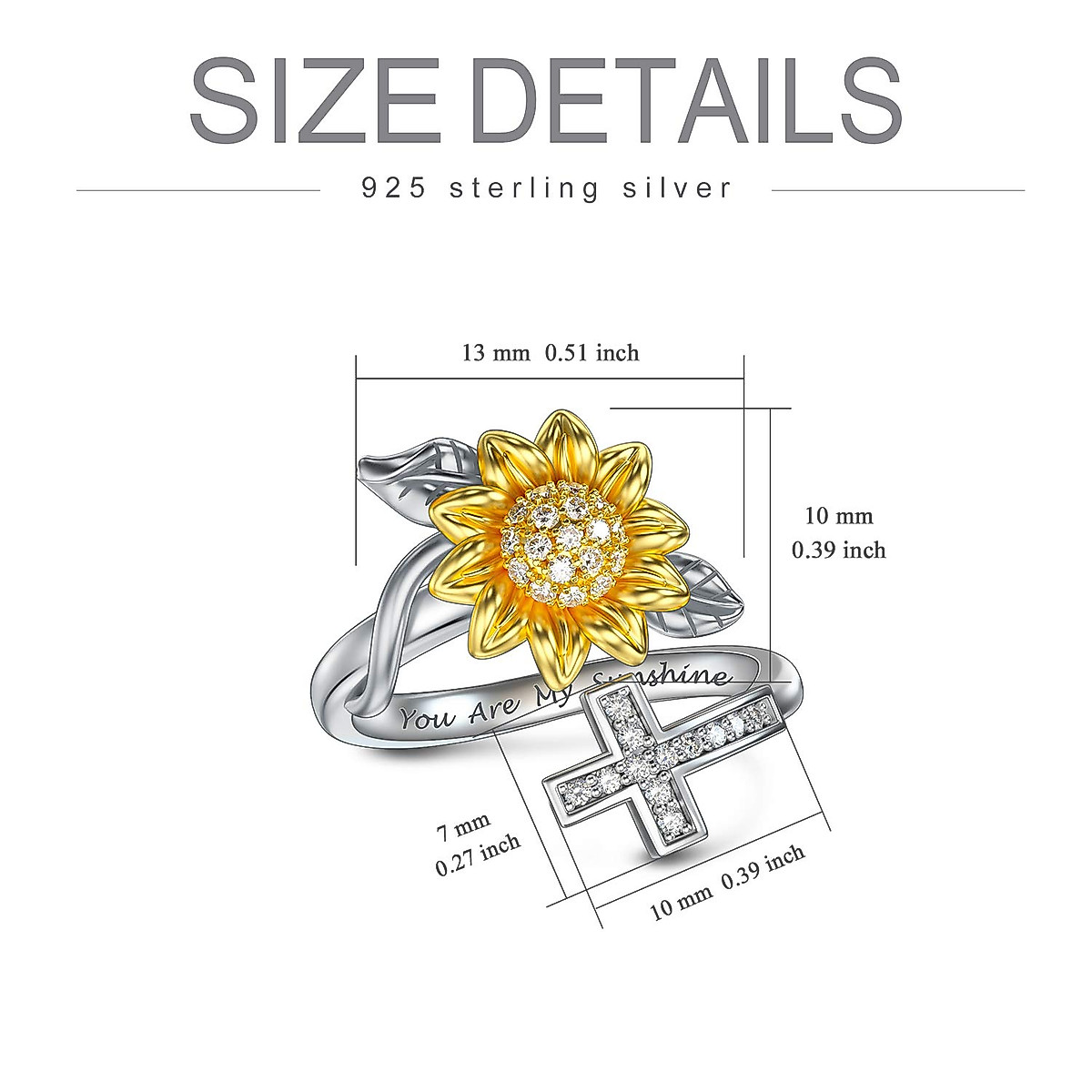 LONAGO Sunflower Cross Ring 925 Sterling Silver You Are My Sunshine Adjustable Size Ring Religious Crucifix Jewelry Gift for Women (8)