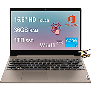 Lenovo IdeaPad 3 15 Business Laptop 15.6" HD Anti-Glare Touchscreen 11th Gen Intel i3-1115G4 (Beats i5-1035G4) 36GB RAM 1TB SSD Dolby Office365 Webcam Bluetooth Win11 Pro Almond + HDMI Cable