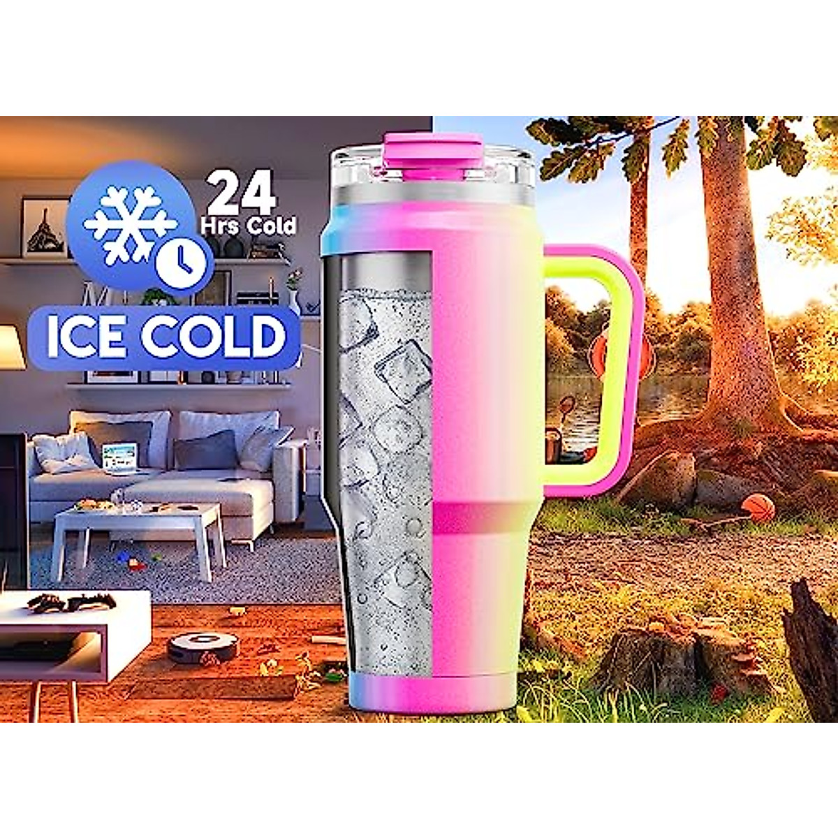 Meoky 32 oz Tumbler with Handle, Insulated Tumbler with Lid and Straw, Stainless Steel Travel Mug, Keeps Cold for 24 Hours, 100% Leak Proof, Fits in Car Cup Holder (Carnival)