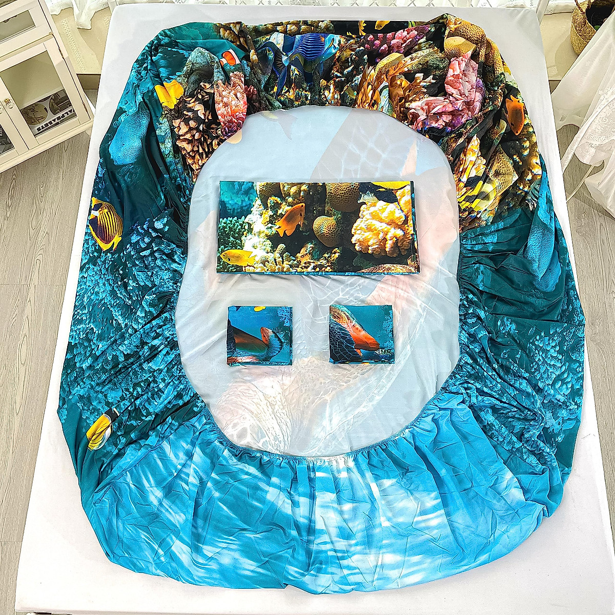 CVHOUSE Sea Turtle Fitted Sheet,Ocean Bed Sheet Set Twin Size,Turtle Bedding Set for Boys Kids Girls,1 Flat Sheet & 1 Fitted Sheet with 2 Pillow Cases - 4 Piece