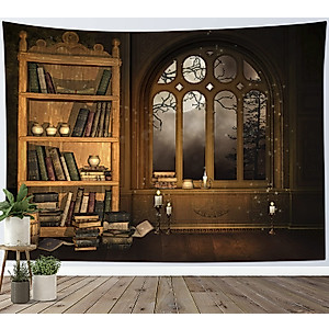 HVEST Vintage Bookshelf Tapestry Wall Hanging Magical Witch Bookshelf Tapestries Full Moon Outside Window Tapestry for Living Room Bedroom Dorm Holiday Party Decor, 60 X 40 Inches