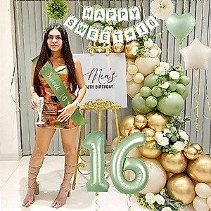 Sweet 16 Party Decorations, Sage Green 16th Birthday Decorations for Girls Sweet 16 Birthday Banner Green Gold Balloons Crown Sash Fringe Curtain Tablecloth Cake Topper for Girls 16th Birthday Decor