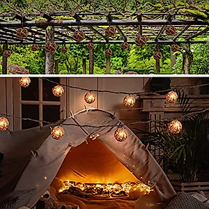LIDORE 10 Counts Brown Rattan Balls String Light. Warm White Light Brown Cord for Patio Garden and Summer Party