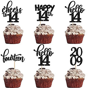 Rsstarxi 30 Pack 14th Birthday Cupcake Toppers Glitter Hello 14 Cheers to 14 Years Old Fourteen Cupcake Picks Decorations for Girls Boys 14th Birthday Wedding Anniversary Party Cake Decorations Black