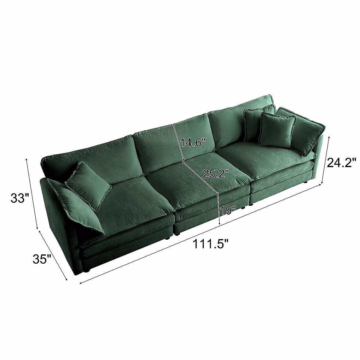 GNIXUU 111.5" Green Cloud Sofa Couch, Modern Comfy Chenille 3 Seat Sofa Couch with Pillows & Armrest for Living Room, Bedroom, Deep Seat Sofa