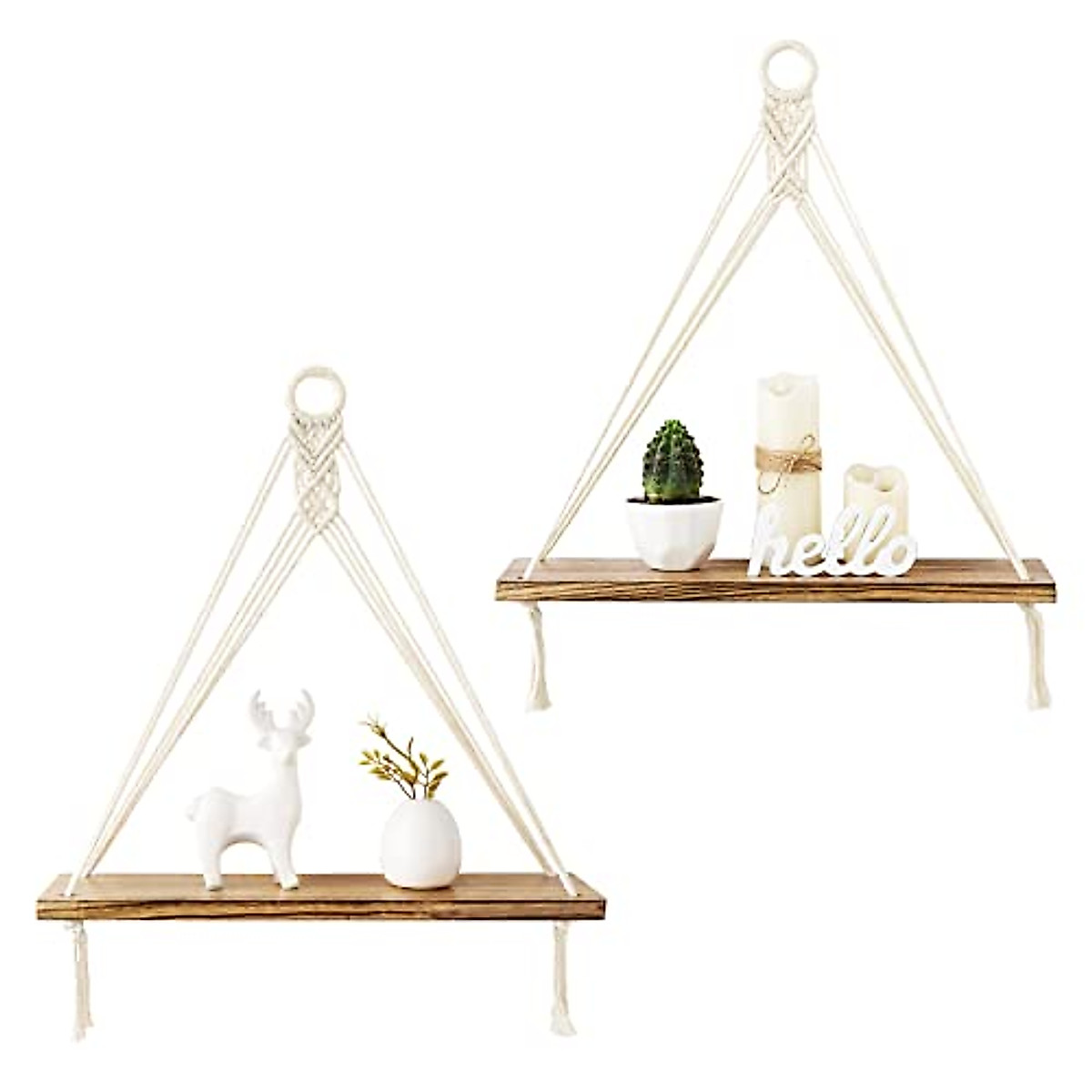 Mkono Macrame Hanging Shelves Boho Wall Decor Set of 2 Rustic Wood Floating Storage Shelf for Bedroom Bathroom Living Room Nursery Dorm Room, Display Shelving for Hanging Plants Photos