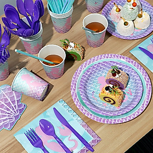 200Pcs Mermaid Paper Plates and Napkins Set,Mermaid Birthday Party Supplies Disposable Dinner Tableware Plates Napkins Cups Knives Spoons Fork for Mermaid Kids Birthday Party Decorations,Serve 25Guest