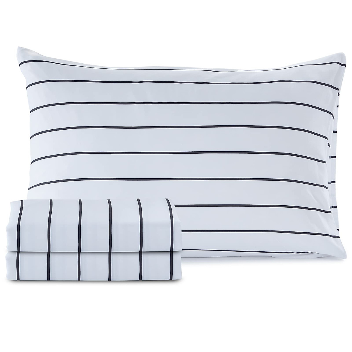 Homiest 3pcs White and Black Sheets Twin Size Bed Set Microfiber Sheet Set, Horizontal Stripe Bed Sheets Cute Soft Bedding Set, Deep Pocket Twin Sheets Stripe Printed Sheets for Kids Teen Boys Adults