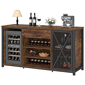 LVB Large Bar Cabinet with Fridge Space, Rustic Long Liquor Cabinet with Drawer Storage, Farmhouse Wood Metal Wine Cabinet with Rack, Sideboard Buffet for Kitchen Dining Room, Rustic Brown, 70 Inch