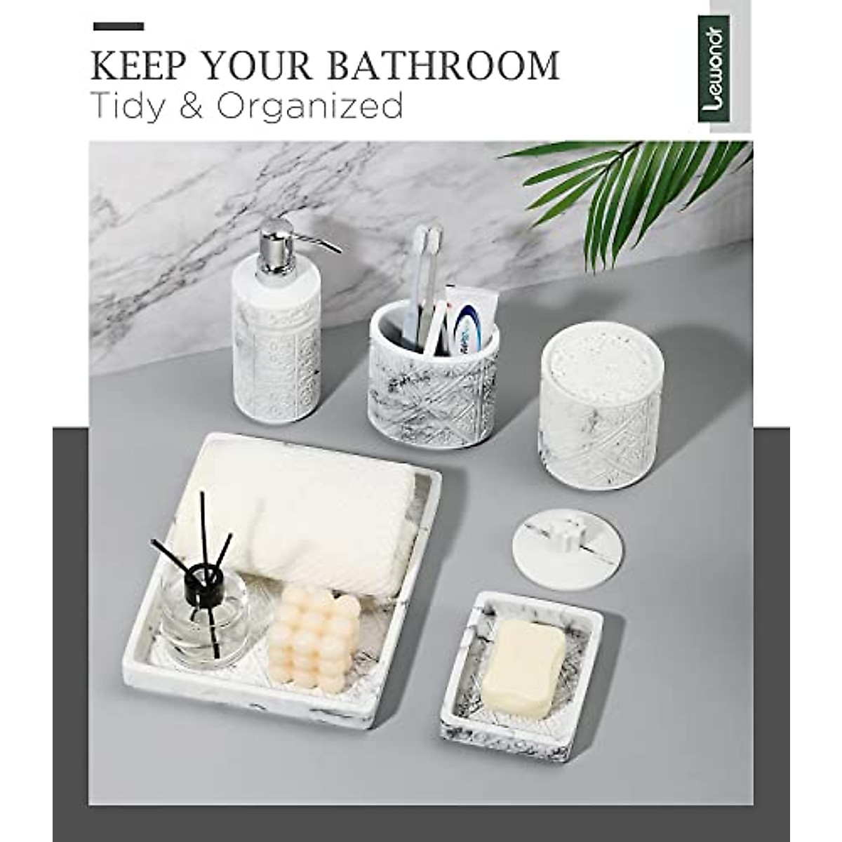 Lewondr Bathroom Accessories Set, 5-Piece Resin+Grit Embossed Bath Countertop Set with Vanity Tray, Soap Dish, Soap & Lotion Dispenser, Cotton Jar, Divided Toothbrush Holder - White
