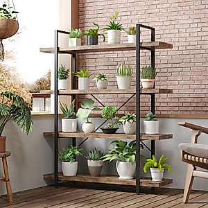 OtterOasis Bookshelf, 4 Tier Book Shelf, Industrial Bookcase for Home and Office, 47" Length Wide Wood Standing Bookshelf Display Open Shelving Rack, Rustic Horizontal Shelves for Living Room Bedroom