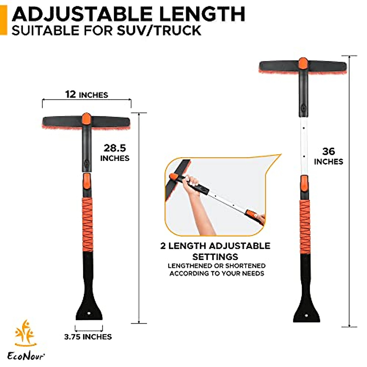EcoNour 36″ 3 in 1 Extendable Snow Brush and Ice Scraper for Car Windshield | Telescoping 360° Snow Brush Pivoting Head | Window Ice Scraper for Snow Removal for Car, SUV, Truck Winter Car Accessories