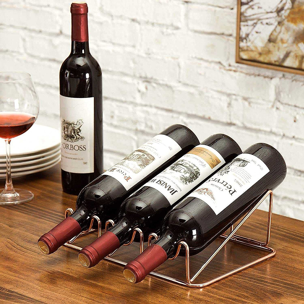 Countertop Wine Rack - 3 Bottle Wine Holder for Wine Storage - No Assembly - Modern Gold Metal Wine Rack - Wine Racks Countertop - Small Wine Rack - Wine Bottle Storage - Tabletop Wine Rack