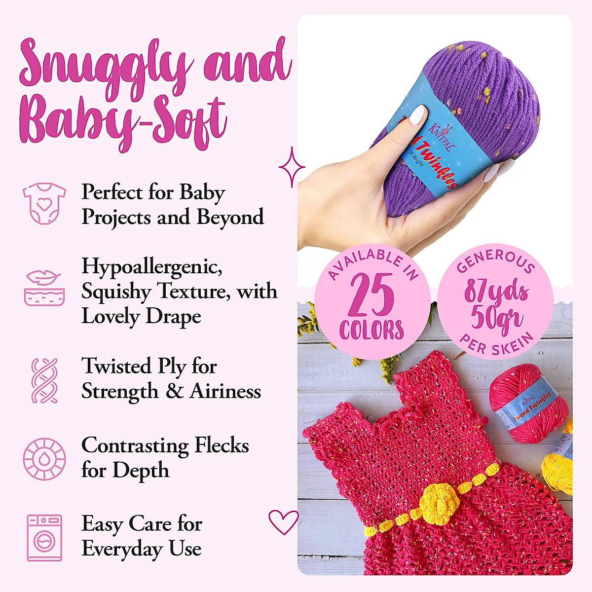 Tweed Twinkles Soft Baby Yarn for Crocheting, 8 Skeins, 696Yds/400G, Free Patterns - Acrylic Baby Blanket Knitting Yarn with Flecks - Size 3 DK Light Worsted Weight - Kiwi Green