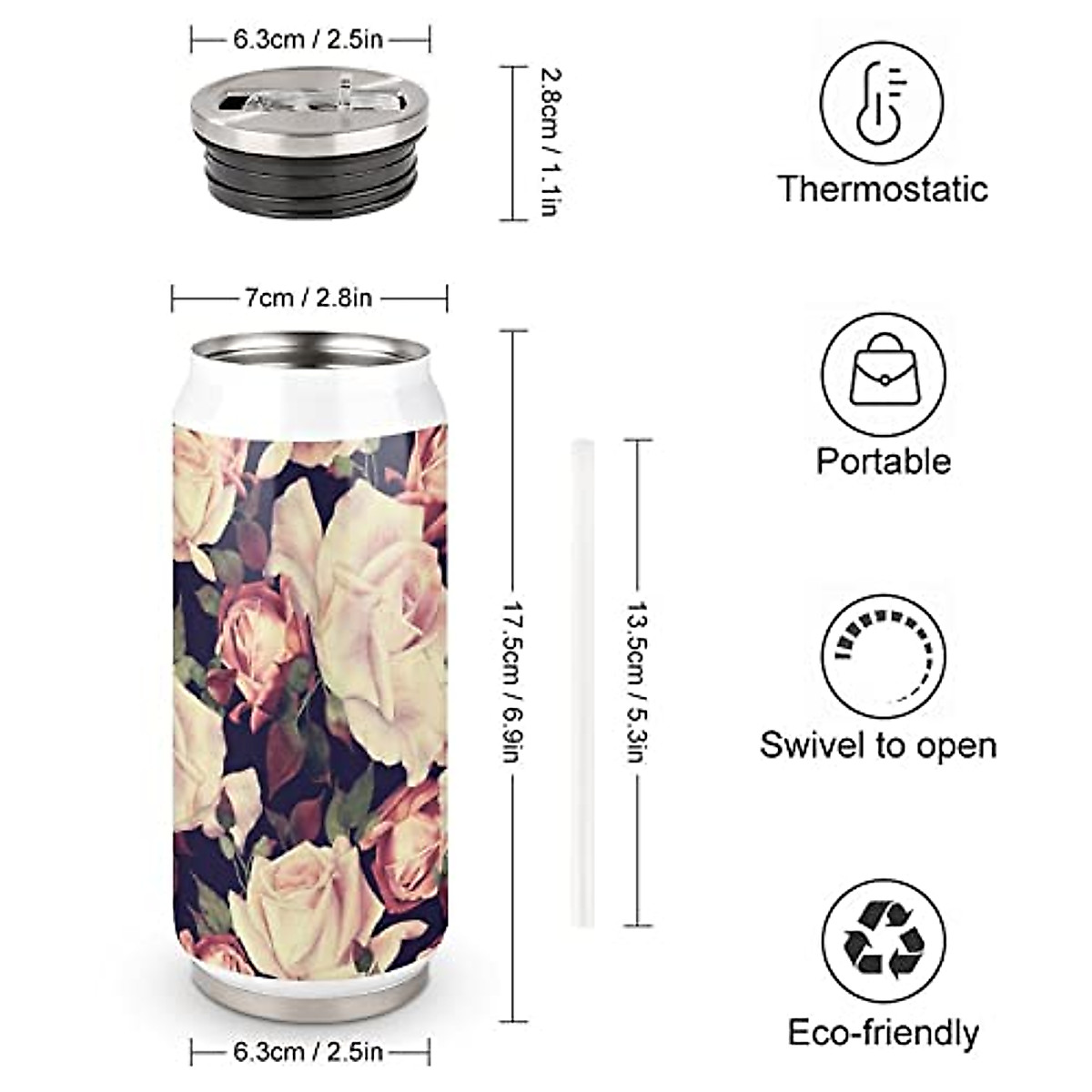 Stainless Steel Mug Roses Watercolor Thermos Cup Double Wall Vacuum Travel Mug With Lids Straw 17oz