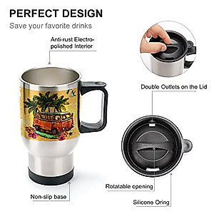 Oyihfvs Hippy Vintage Hamper Bus Surfboard Flowers Palm Trees Stainless Steel Travel Tea Mug for Car, Leak-Proof Vacuum Hot Cold Insulated Water Bottle, Thermal Tumbler Coffee Cup 14 oz