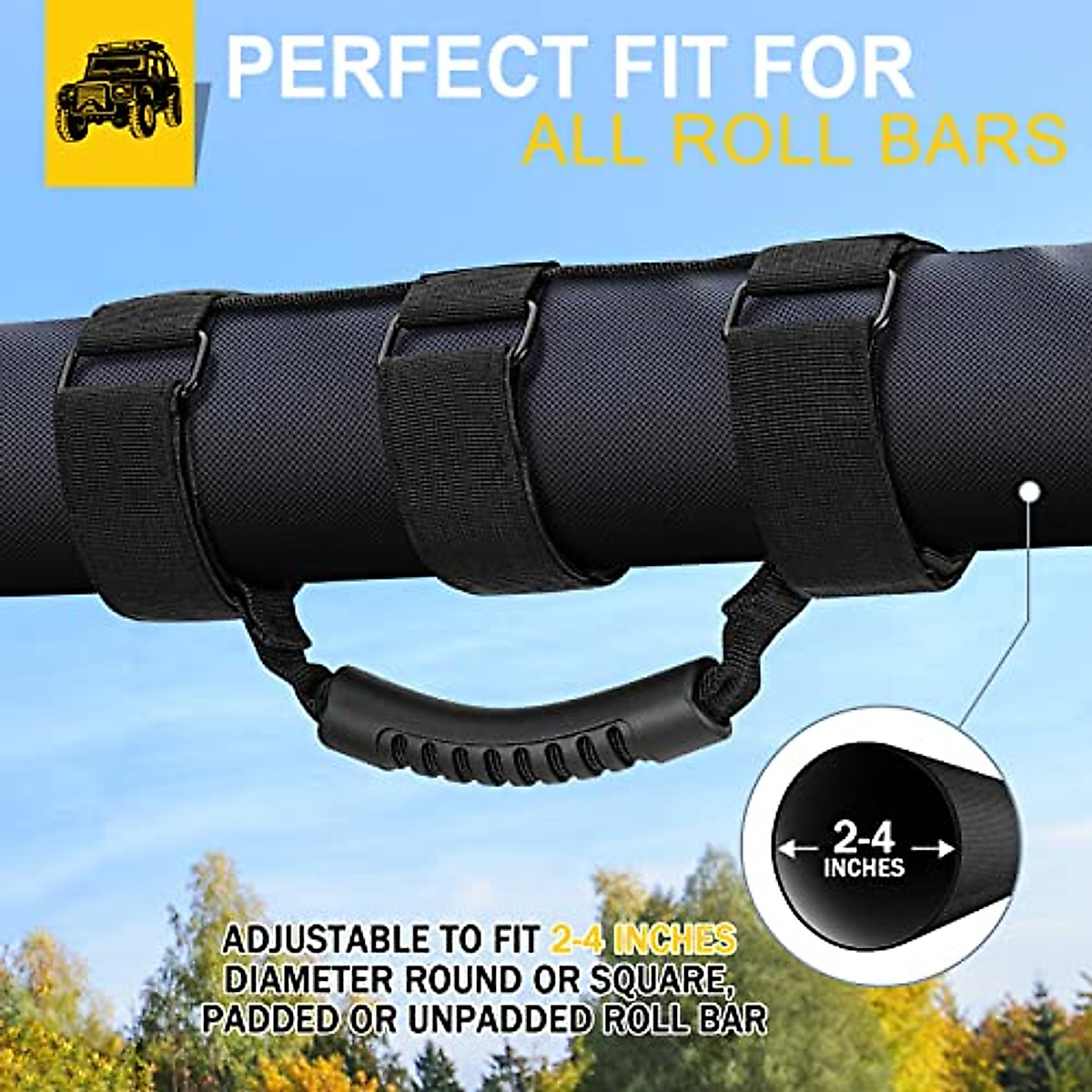 moveland 2 Pack Grab Handle Set Compatible with Jeep Wrangler TJ YJ JK, Easy-to-Fit 3 Straps Design for 1955-2023 Models (Black)