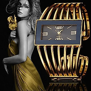 SENRUD Fashion Cuff Bracelet Watches for Women Luxury Rectangular Dial Analog Quartz Wrist Watch Gifts for Ladies (Gold Black)