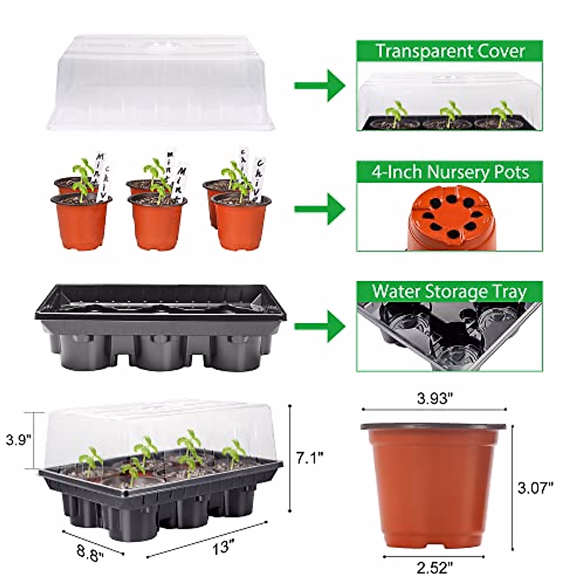 Bonviee Seed Starter Tray with 4 Inch Nursery Pots, 5-Pack Seedling Starter Kits with Humidity Dome (30 Cells Total Tray) and 10 Pcs Labels Mini Greenhouse Germination Kit for Seeds Growing Starting