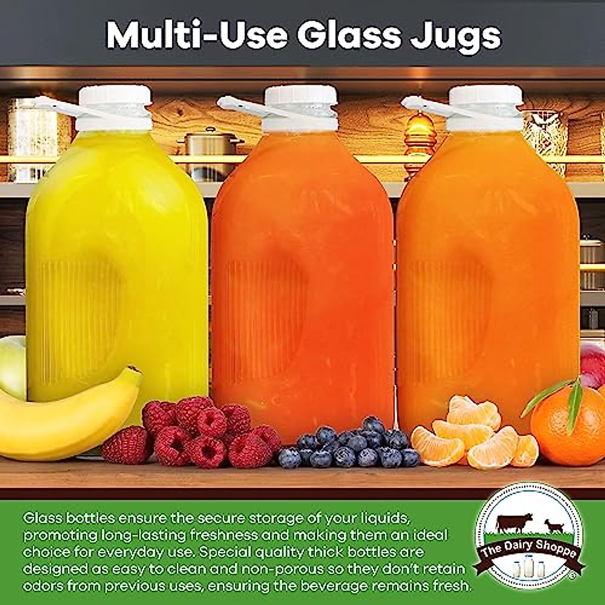 The Dairy Shoppe Heavy Glass Milk Bottles - Jugs with Lids and Extra Silicone Pour Spout - Clear Milk Containers for Fridge - Reusable Glass Milk Jug Dispenser - Made in USA (64 oz, 2 Pack)