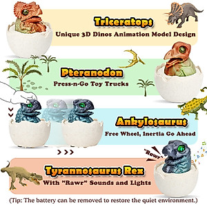 Easter Basket Stuffers Toys Gifts for Toddlers Kids 1, 2, 3, 4, 5+ Year Old, Easter Egg Hunt Dinosaur Car Toy, 4 Pack Press and Go Small Dinos Egg Trucks with Sounds & Lights, Kids Prizes Party Favors