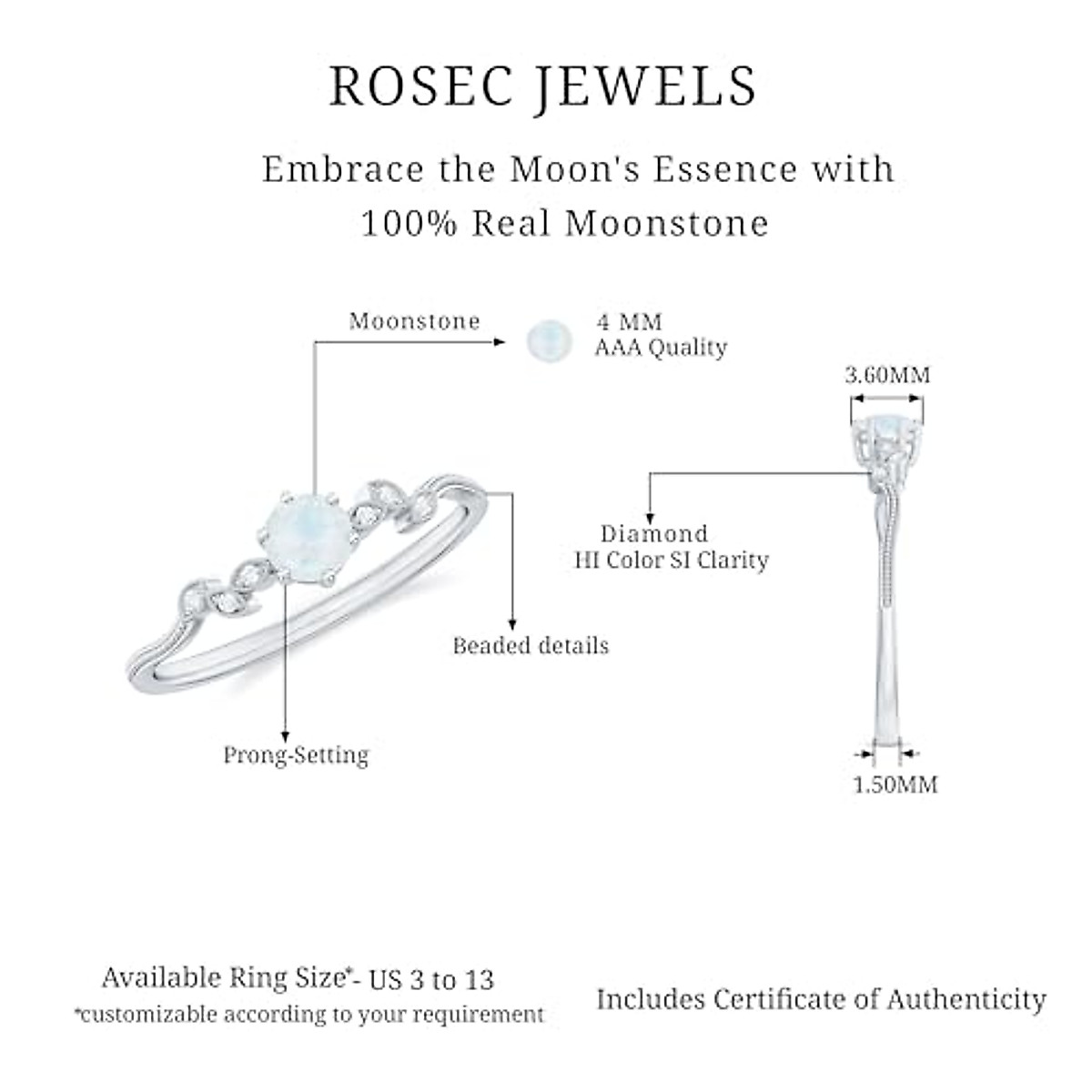 Rosec Jewels Natural Moonstone Promise Ring with Diamond, Certified Moonstone Flower Ring For Women, AAA Quality, Ready For Gift, 14K Yellow Gold, Size:US 5.00