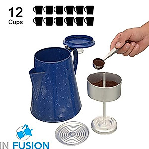 Camping Coffee Percolator - Enamel Coating Gloss Finish And Glass Cap For Backpacking, Campsite, Kitchen And FireCoffee Pot Makes 12 Cups - Comes With Basket For Grounds And Stainless Steel Spoon