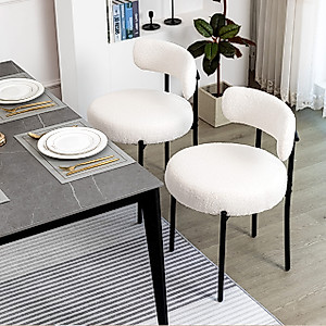DYHOME Dining Chairs Set of 4, White Modern Upholstered Kitchen Dining Room Chairs, Boucle Dining Chairs Curved Backrest, Mid Century Kitchen Chairs with Black Metal Legs