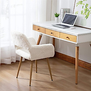 Modern Faux Fur Home Office Chair, Fluffy Chair Makeup Vanity Chair for Girl Teen Girls, Desk Chair with Armrest, Dining Chair Cute Armchair with Wood Finish Metal Legs, White