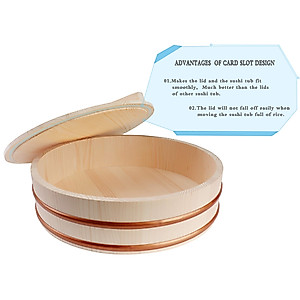 Kichgather Wooden Sushi Rice Bowl with Lid Hangiri Sushi Oke Sushi Rice Mixing Tub (14.2 ” with lid)