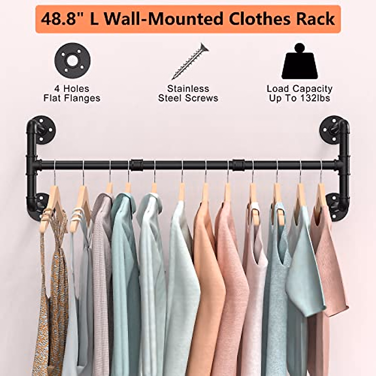 Industrial Pipe Clothing Rack Wall Mounted - Folews 48.8 Inch Wall Clothing Rack Garment Rack for Hanging Clothes Coats Laundry Room Organizer Storage Hanger Shelf Space Saving