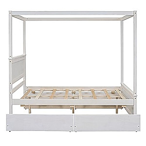 Wood Canopy Bed with 4 Storage Drawers, Full Size Canopy Platform Bed Frame with Headboard & Footboard for Kids Girls Boys, No Box Spring Needed (Brushed White)